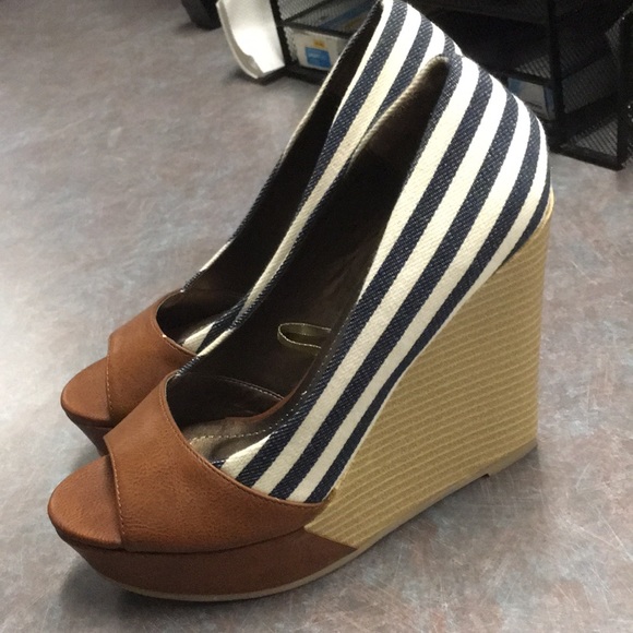 Charming Charlie | Shoes | Charming Charlie Brown Leather Stripe Wedge ...